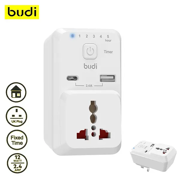 Budi 3 Pin Timer Home Charger 2.4A USB Type-C Charging Socket - ido.lk