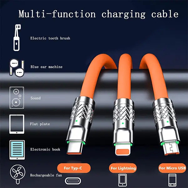3in1 Super Fast Charging Cable 120W 6A Zinc Alloy Cable - ido.lk