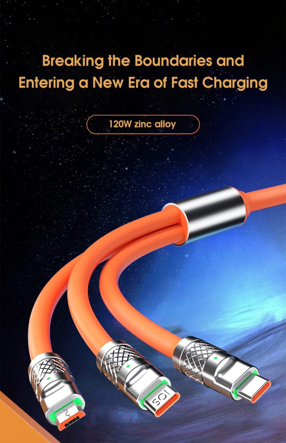 3in1 Super Fast Charging Cable 120W 6A Zinc Alloy Cable - ido.lk