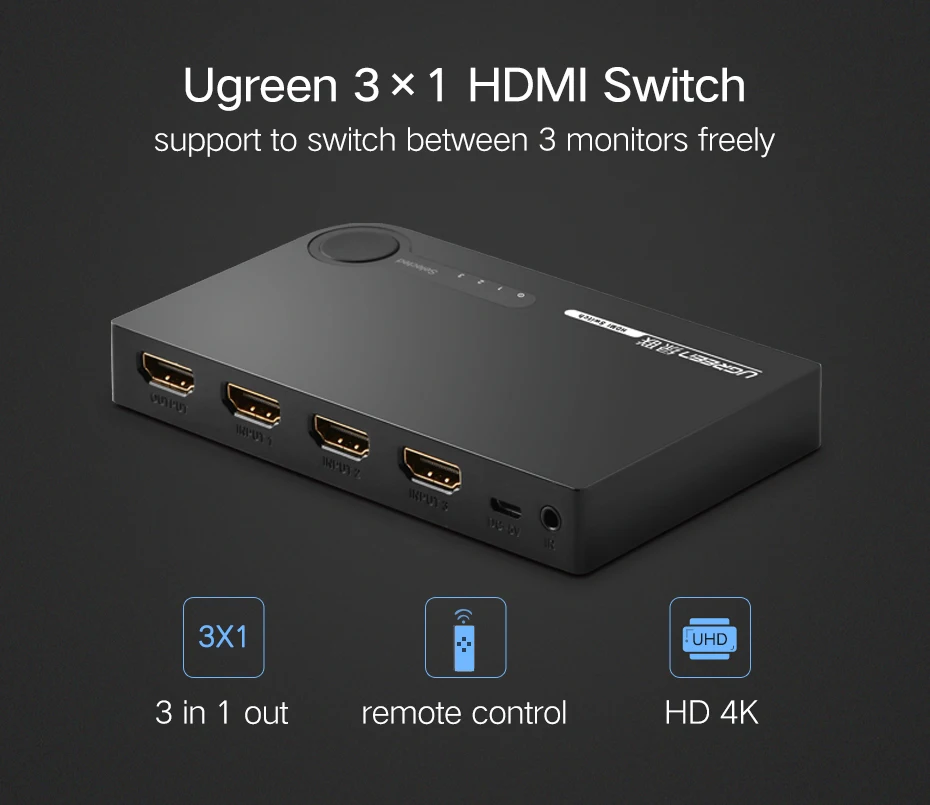 UGREEN HDMI Switch 3 IN 1 OUT HDMI Switcher - ido.lk