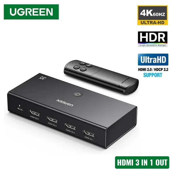 Ugreen HDMI Switch 3 in 1 Out with Remote 4K 15376 - ido.lk