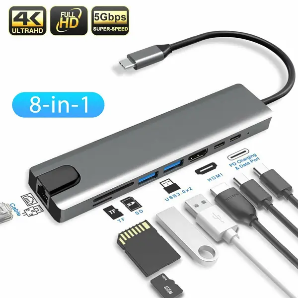 USB Type C to HDMI + LAN 8 in 1 Adapter - ido.lk